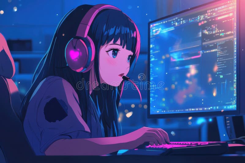 Young Woman with Headset Programming and Playing Video Games on ...