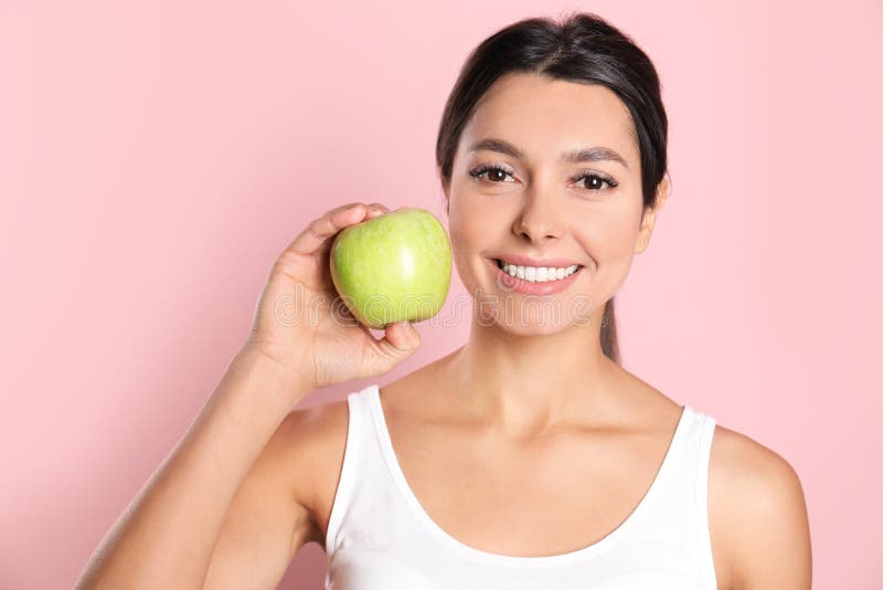 Young Woman with Healthy Teeth and Apple Stock Photo - Image of clinic ...