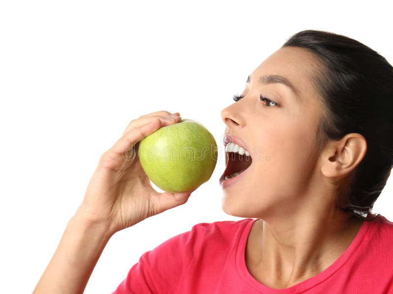 Young Woman with Healthy Teeth and Apple on White Stock Photo - Image ...