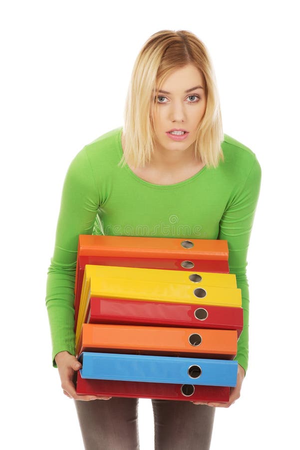 Woman Holding Heavy Colorful Binders With Documents Stock Image - Image ...
