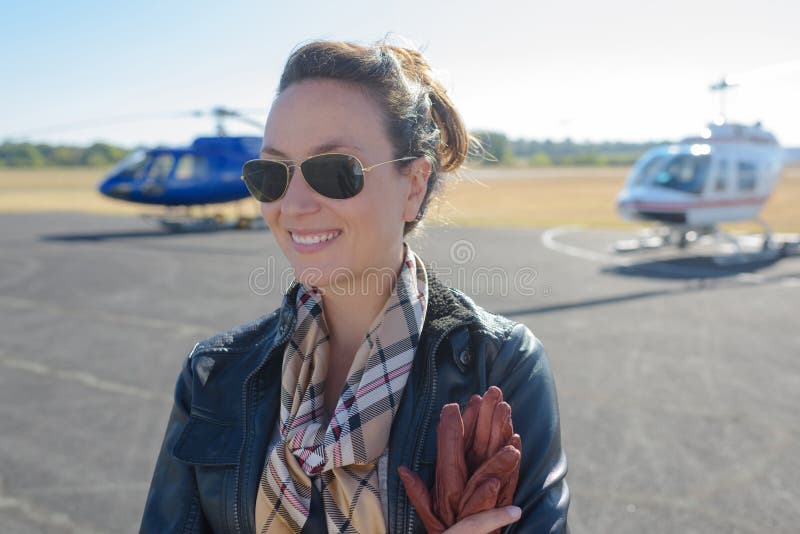 Young Woman Helicopter Pilot Posing in Front Helicopters Stock Photo ...