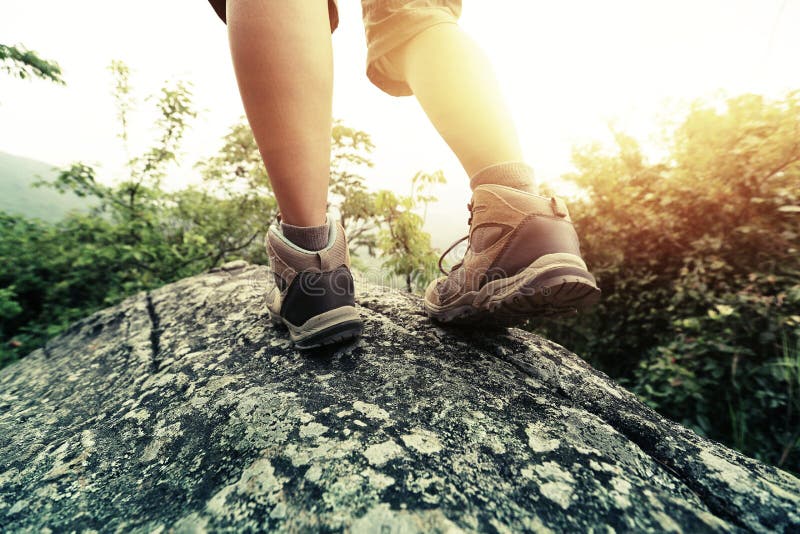 Young Woman Hiker Legs on Mountain Peak Stock Photo - Image of hike ...