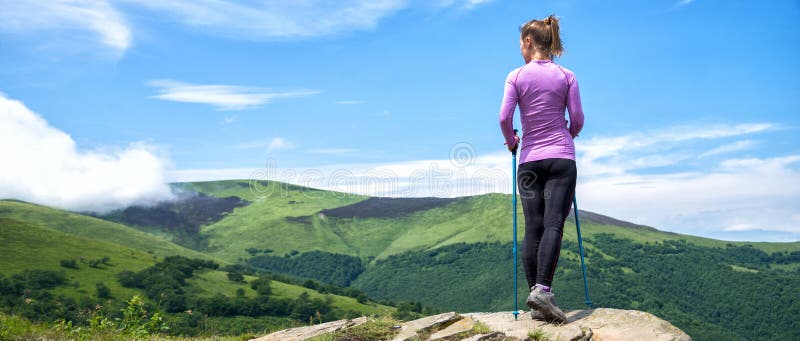 Young Woman Hiking in the Mountains Stock Image - Image of park ...