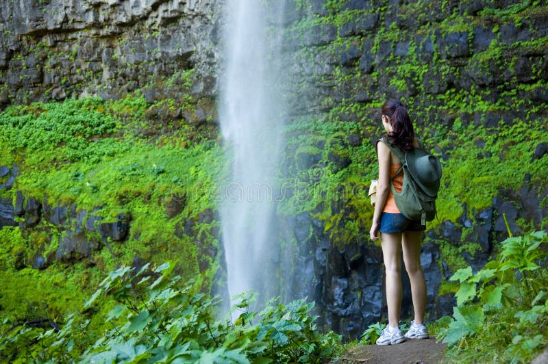 Woman Hiking Backpack Waterfall Stock Photo - Image of adventure ...