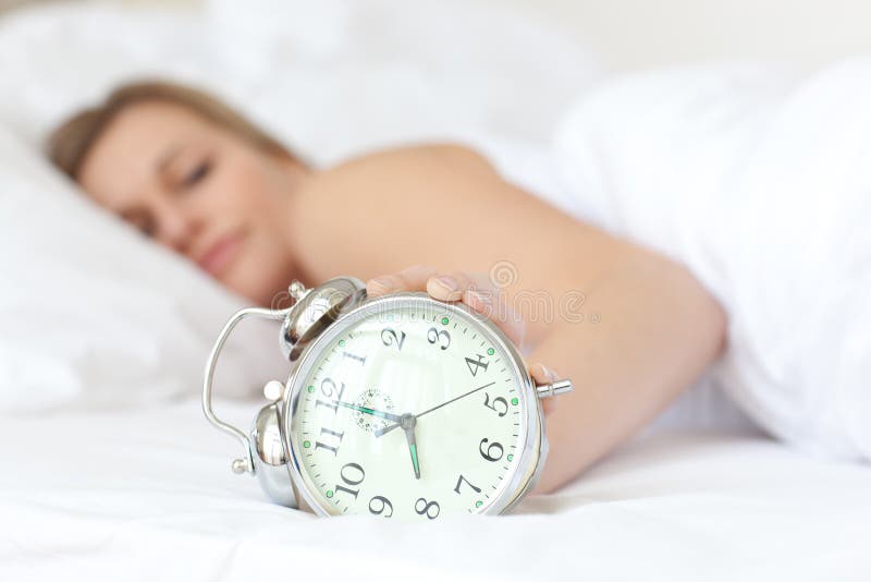 Woman Waking Up Early with Alarm Clock Stock Photo - Image of button ...