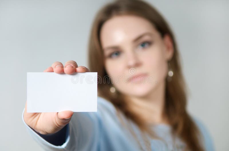 Young Woman Holding Blank Business Card Stock Photo - Image of blue ...