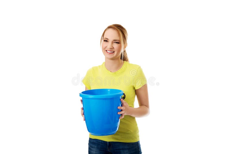 Young Woman Holding Blue Bucket. Stock Photo - Image of environmental ...