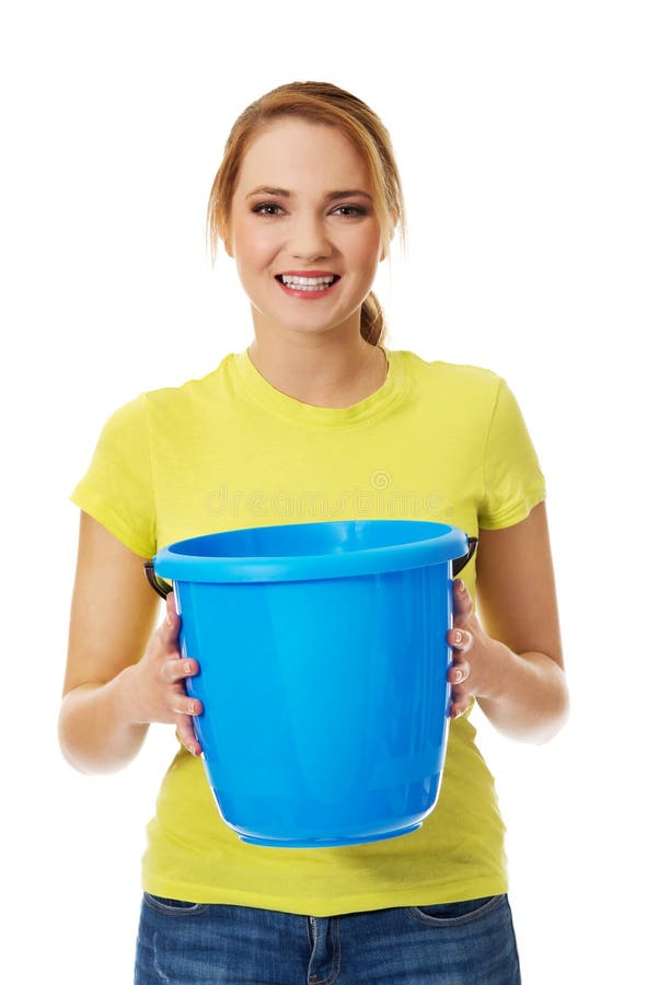 Young Woman Holding Blue Bucket. Stock Photo - Image of student ...