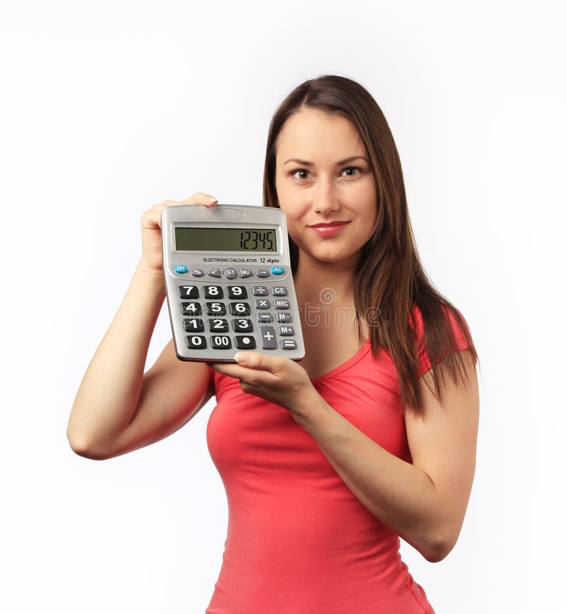 Lady Showing Big Green Calculator Stock Photo - Image of education ...