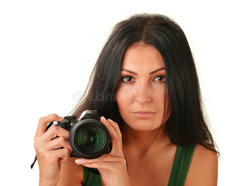 Young Woman Holding Camera Isolated on White Stock Photo - Image of ...