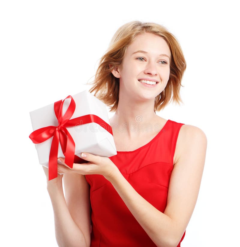 Young Woman Holding a Stack of Gift Boxes Stock Photo - Image of center ...