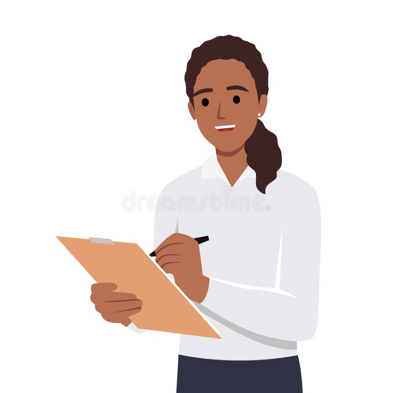 Young Woman Holding Clipboard and Writing. Vector Illustration in ... Young Woman Holding Clipboard and Writing. Vector Illustration in ...