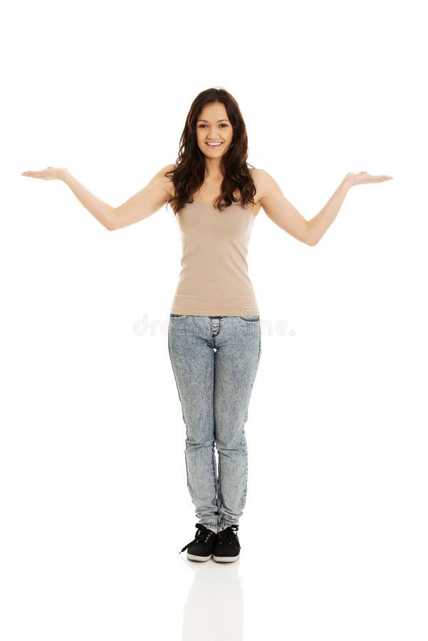 Young Woman Holding Copy Space in Hands. Stock Photo - Image of casual ...