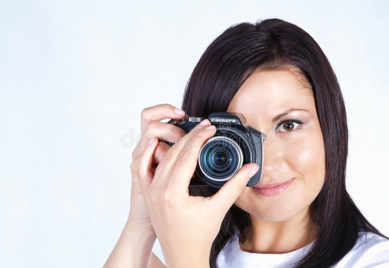 Photographer Woman Holding Camera Over Dark Stock Photo - Image of ...