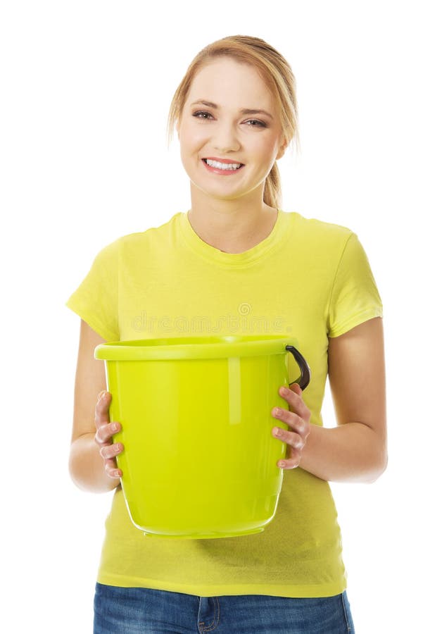 Young Woman Holding Green Bucket. Stock Photo - Image of bucket ...