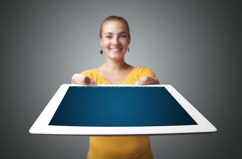 Young Woman Holding Modern Tablet Stock Photo - Image of information ...