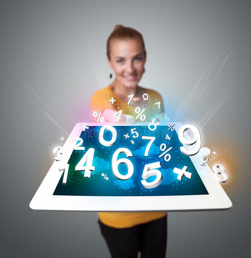 Young Woman Holding Tablet with Numbers Stock Photo - Image of smile ...