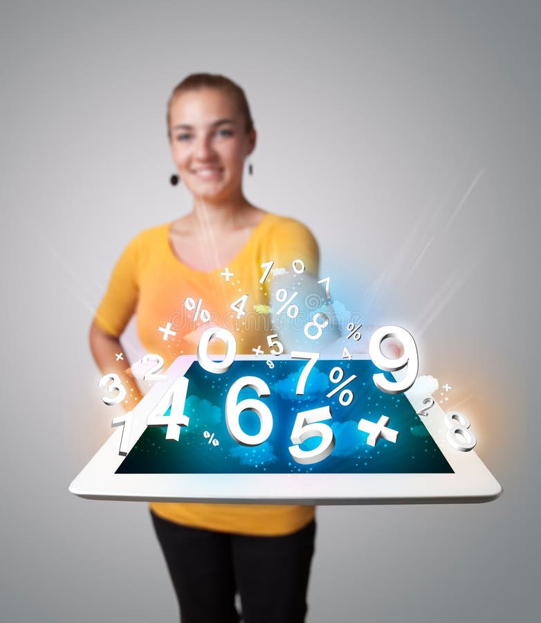 Young Woman Holding Tablet with Numbers Stock Image - Image of internet ...