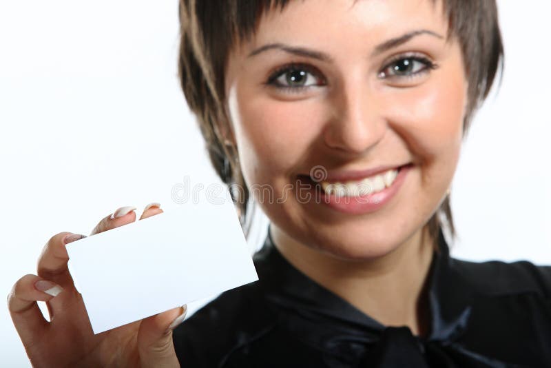 Young Woman Holding a White Card. Stock Image - Image of green, card ...