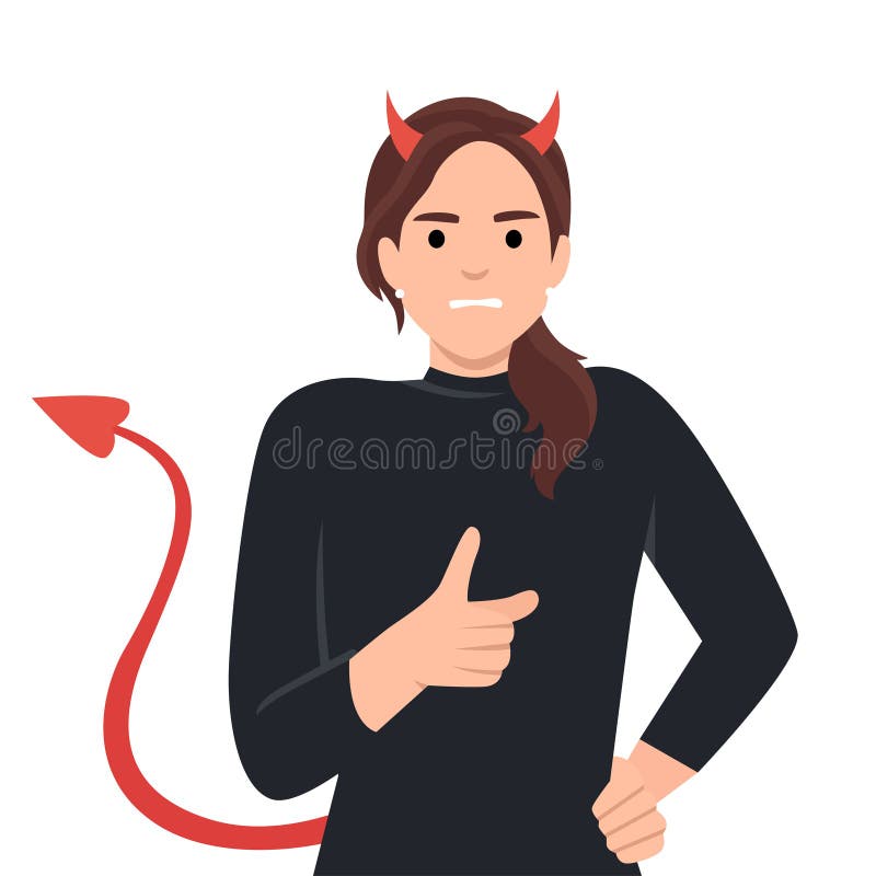 Young Woman with Horns and Devil Tail Screams and Points with Finger ...