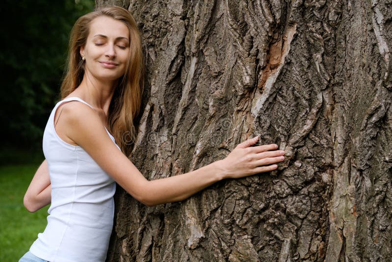 Young Woman Hugging Big Tree Stock Image Image Of Adult Embracing