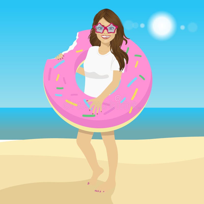 Young Woman with Inflatable Donut Float Posing on Tropical Beach Stock ...