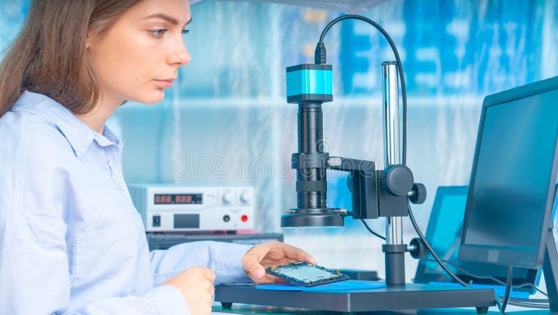 Young Woman in Inspection Electronics PCB Devise. Modern Electronics ...