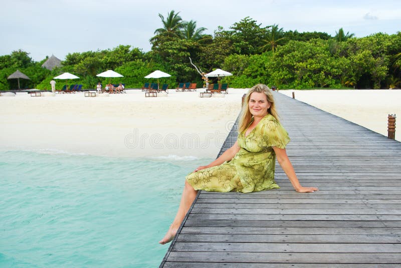 Young Woman Landing Stage on Beach on Maldives Stock Image - Image of ...
