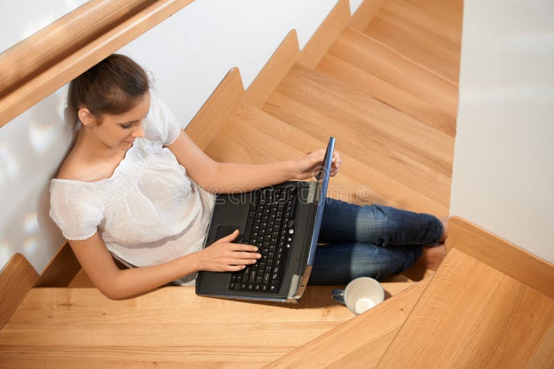 Young Woman with Laptop at Stairs Stock Image - Image of caucasian ...