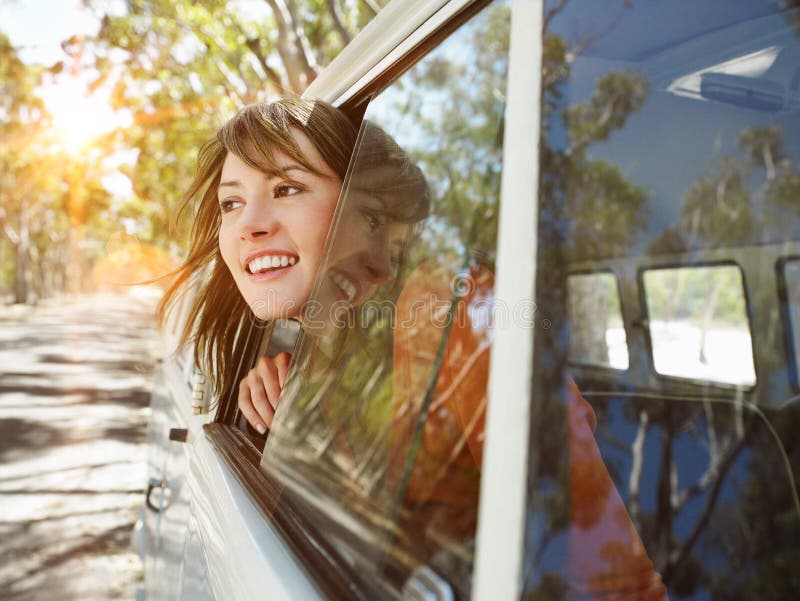Young Woman Leaning Out of Van Window Stock Photo - Image of happiness ...