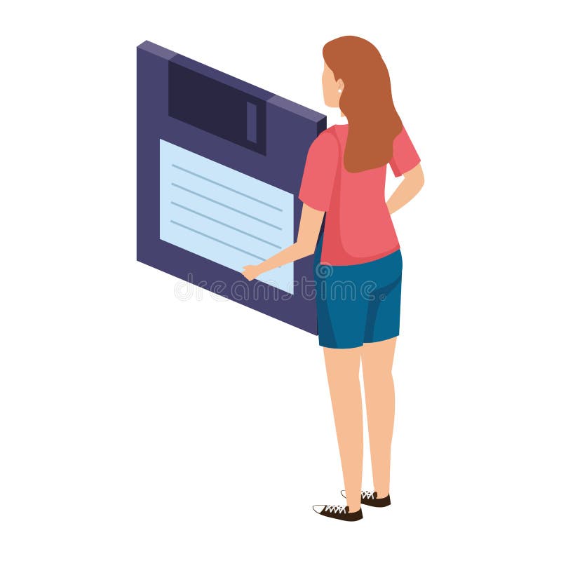 Young Woman Lifting Floppy Disk Data Storage Stock Illustration ...