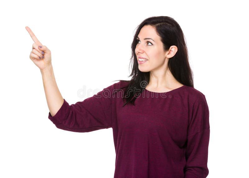 Young Woman Look at Her Finger Pointing Direction Stock Photo - Image ...