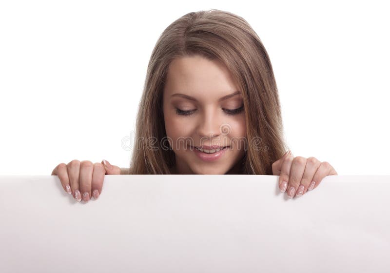 Young Woman Looking Down a White Sign Stock Photo - Image of advertise ...