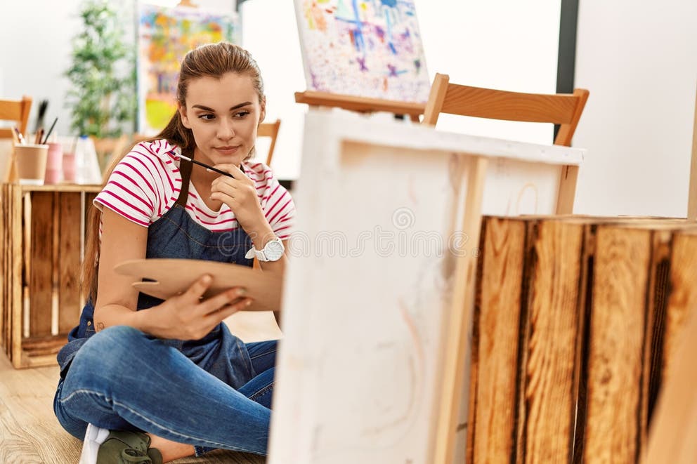 Young Woman Looking Draw at Art Studio Stock Image - Image of caucasian ...