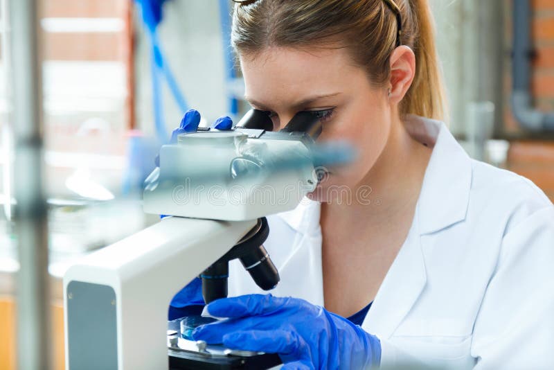 Young Woman Looking through Microscope in Laboratory. Stock Photo ...