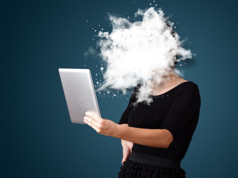 Young Woman Looking at Modern Tablet with Abstract Cloud Stock Photo ...