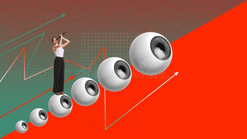 Young Woman Looking in Spyglass, Searching Innovations for Company ... Young Woman Looking in Spyglass, Searching Innovations for Company ...