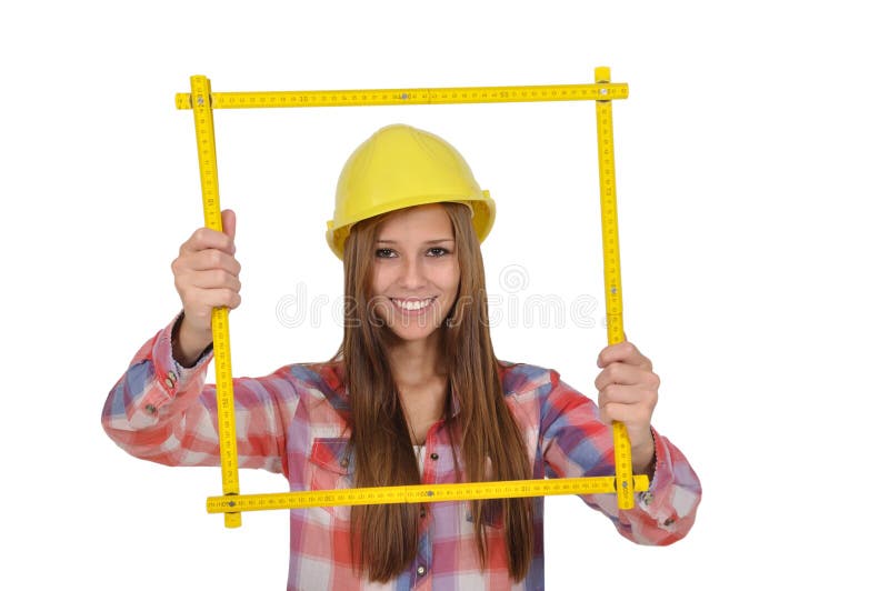 Young Woman Looking through a Yellow Ruler Stock Photo - Image of ...