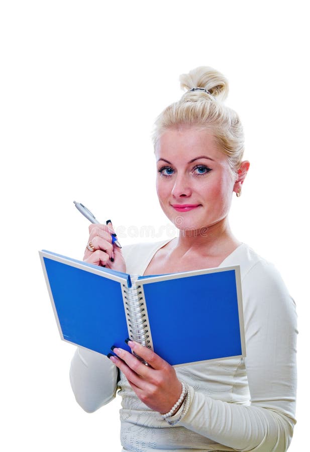 Young Woman Looks a Note in a Notebook Stock Image - Image of life ...