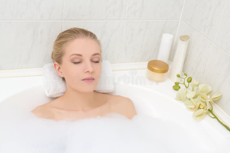 Young Woman Lying in Bath with Foam Stock Image - Image of bathing ...