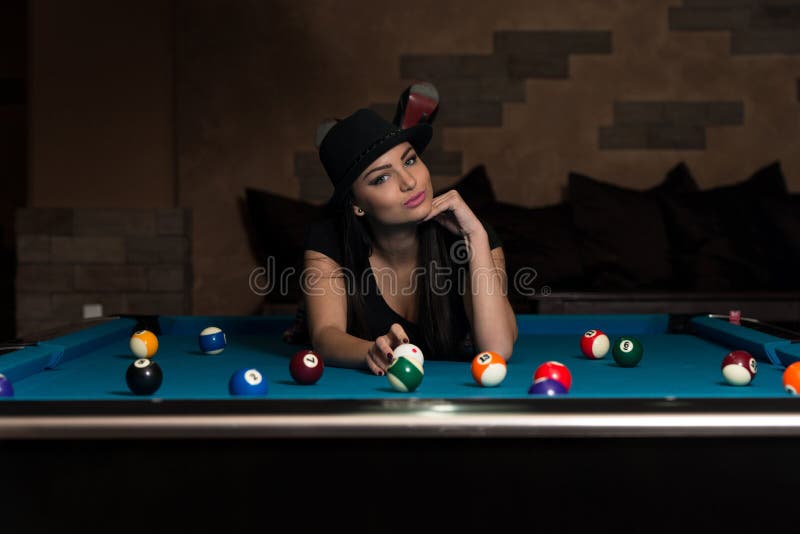 Young Woman Lying on the Billiard Table Stock Image - Image of female ...