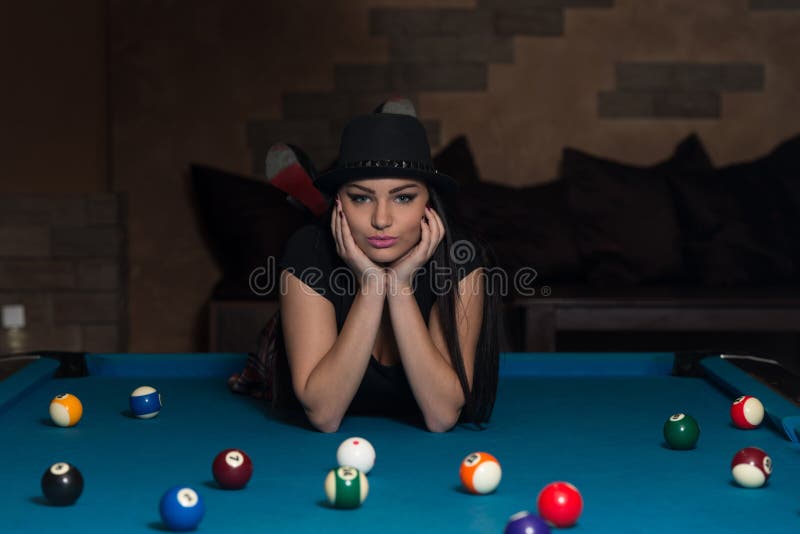 Young Woman Lying on the Billiard Table Stock Image - Image of portrait ...