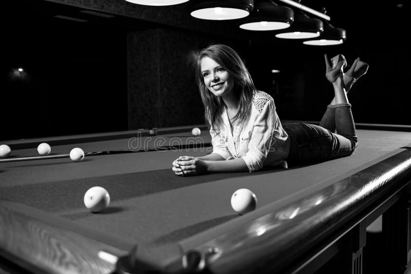 Young Woman Lying on the Green Billiard Table. Stock Photo - Image of ...