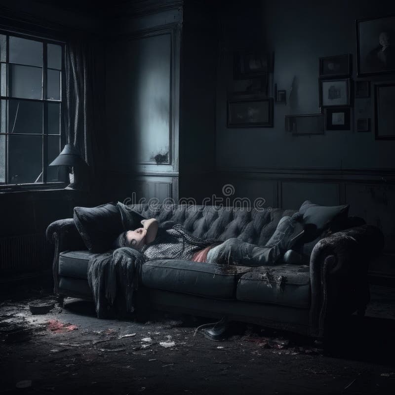 Young Woman Lying on the Sofa in a Dark Room. Horror Evil Witch Concept ...