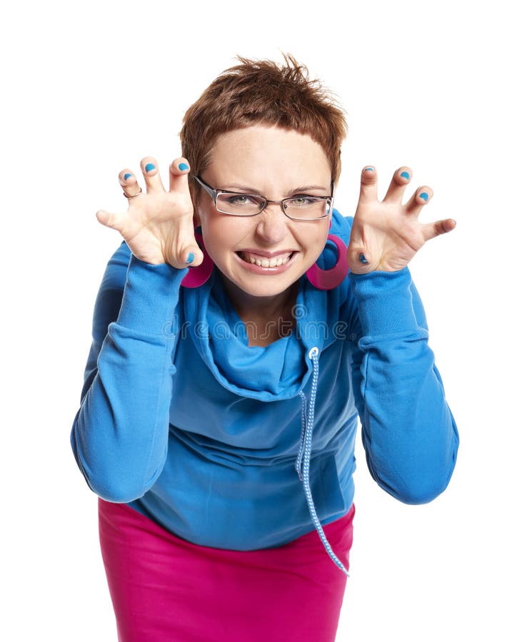 Young Woman Makes Funny Face (isolated on White) Stock Photo - Image of ...