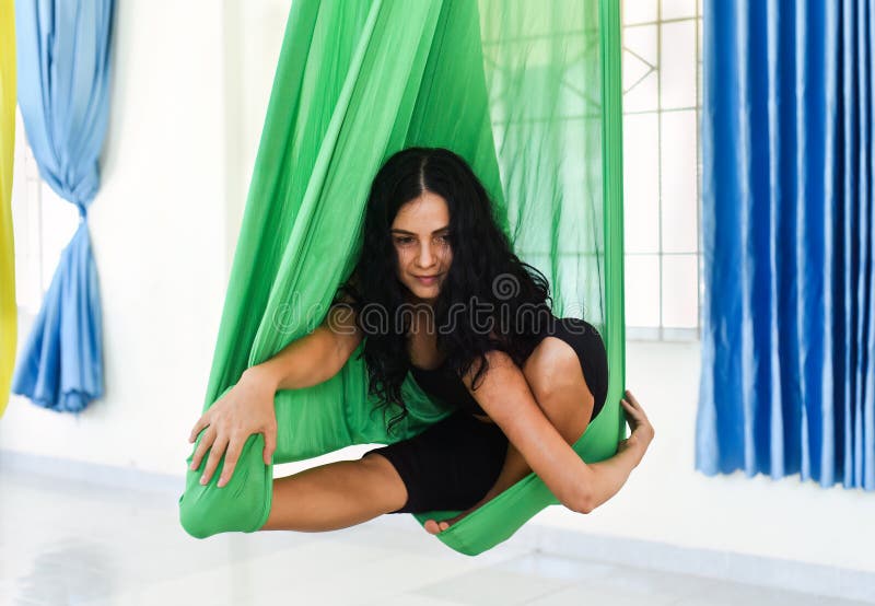 Young Woman Making Aerial or Fly Yoga Pose Stock Image - Image of dance ...