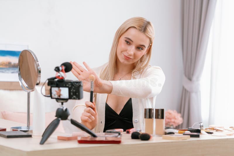 Young Woman Making Beauty and Cosmetic Tutorial Video Content. Blithe ...