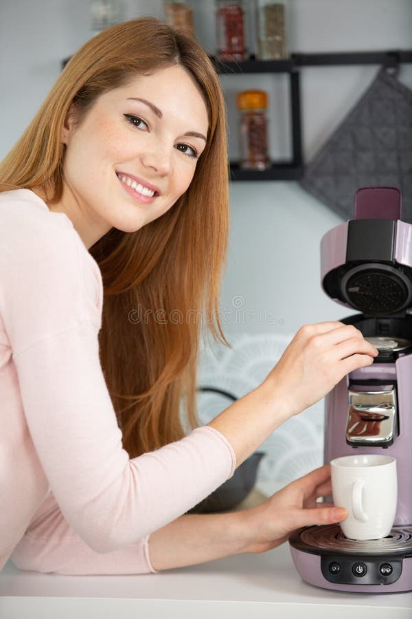 Young Woman Making Coffee in Coffee Machine Stock Image - Image of ...