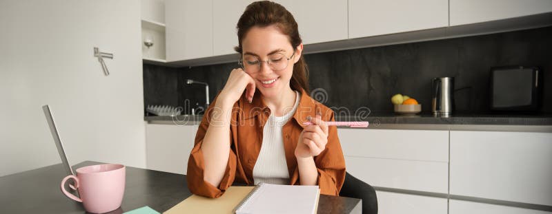 Carefree Young Woman Singing in Spoon, Listening Music in Wireless ...
