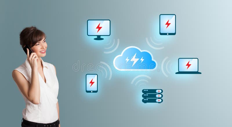 Young Woman Making Phone Call and Presenting Cloud Computing Net Stock Image - Image of design ...
